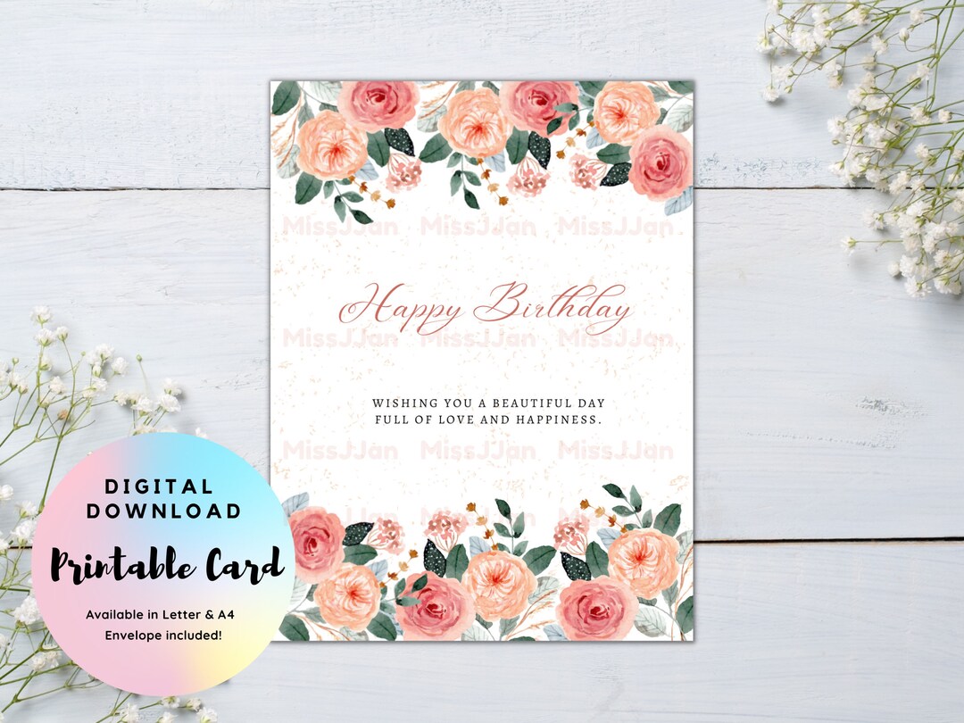 Roses Birthday Card, Happy Birthday Card Printable, Flower Birthday ...