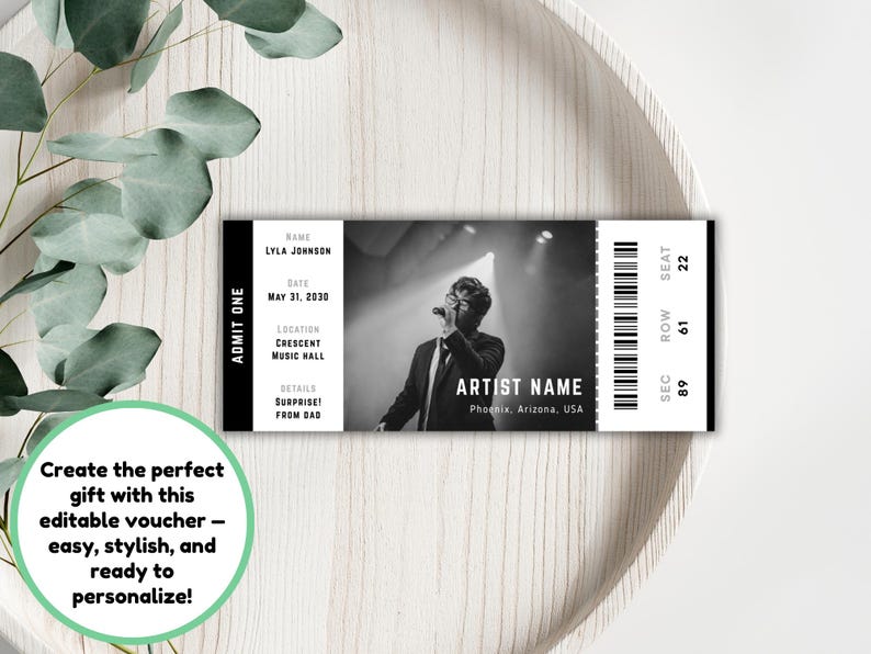 Concert Ticket Template, Canva Editable Surprise Music Gift Reveal ...
