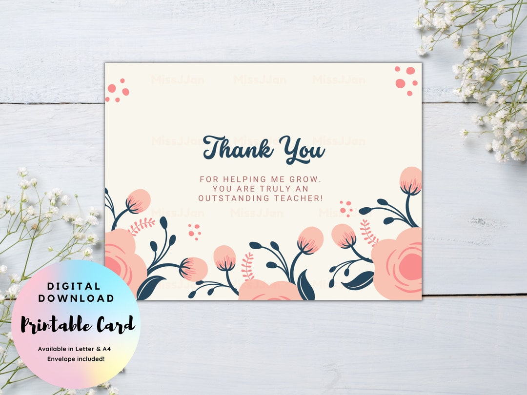 Teacher Thank You Card, Teacher Appreciation Card, Ready to Print Card ...