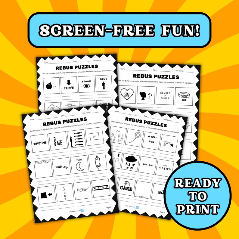 Rebus Puzzles Printable, Brain Teasers Activity Pack, Puzzle Worksheets ...