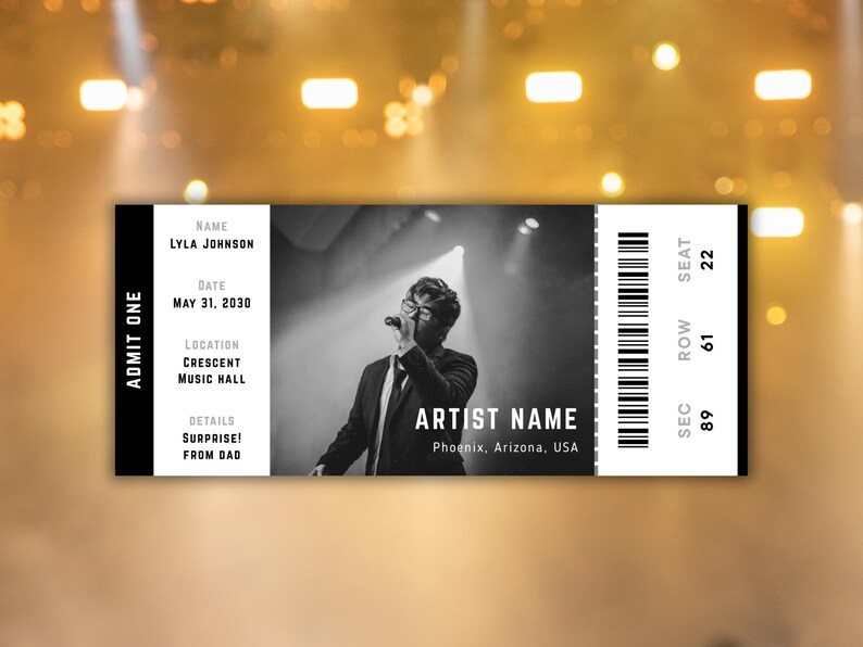 Concert Ticket Template, Canva Editable Surprise Music Gift Reveal ...