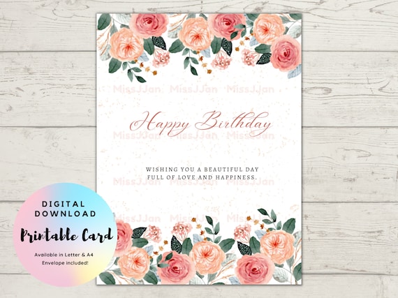 Roses Birthday Card Happy Birthday Card Printable Flower - Etsy
