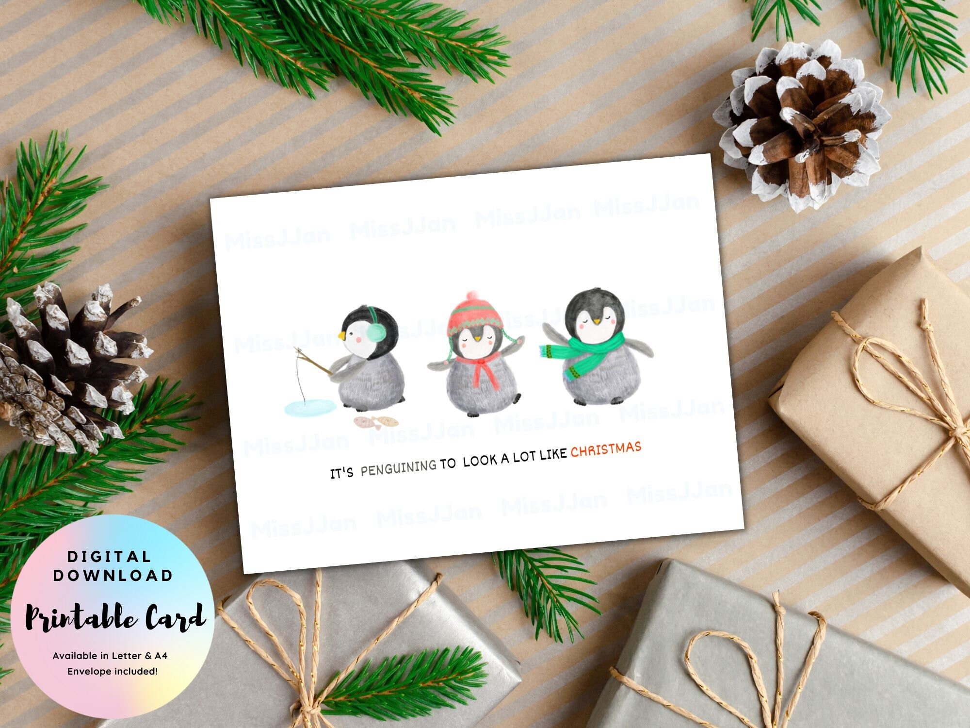 Penguin Christmas Card, Merry Christmas Pun Card, Printable PDF Digital ...