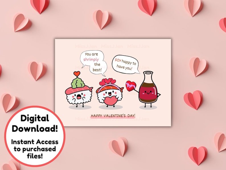Sushi Valentine’s Day Card, Funny Food Pun Valentine, Kawaii Sushi Love ...