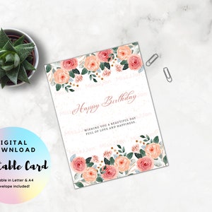 Roses Birthday Card, Happy Birthday Card Printable, Flower Birthday ...