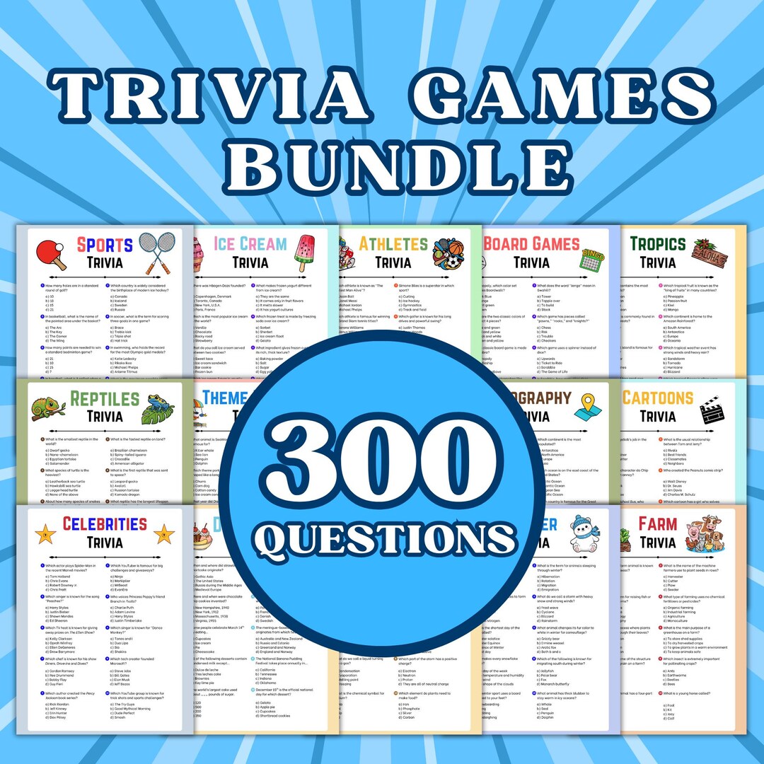 Trivia Games Bundle, 300 Trivia Questions, 30 Categories, Printable ...