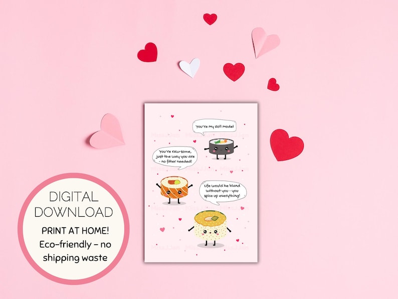 Sushi Pun Valentine’s Day Card Printable, Kawaii Love Card PDF Digital ...