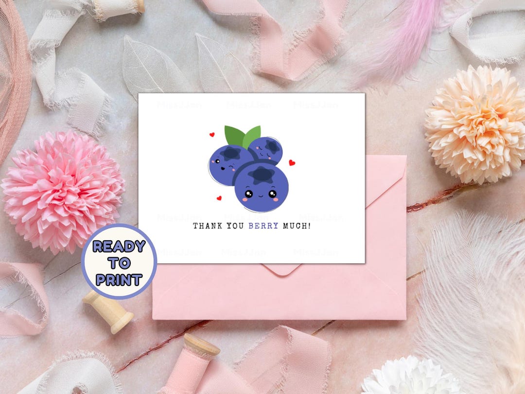 Berry Thank You Card Printable, Blueberry Appreciation Note, Kawaii ...