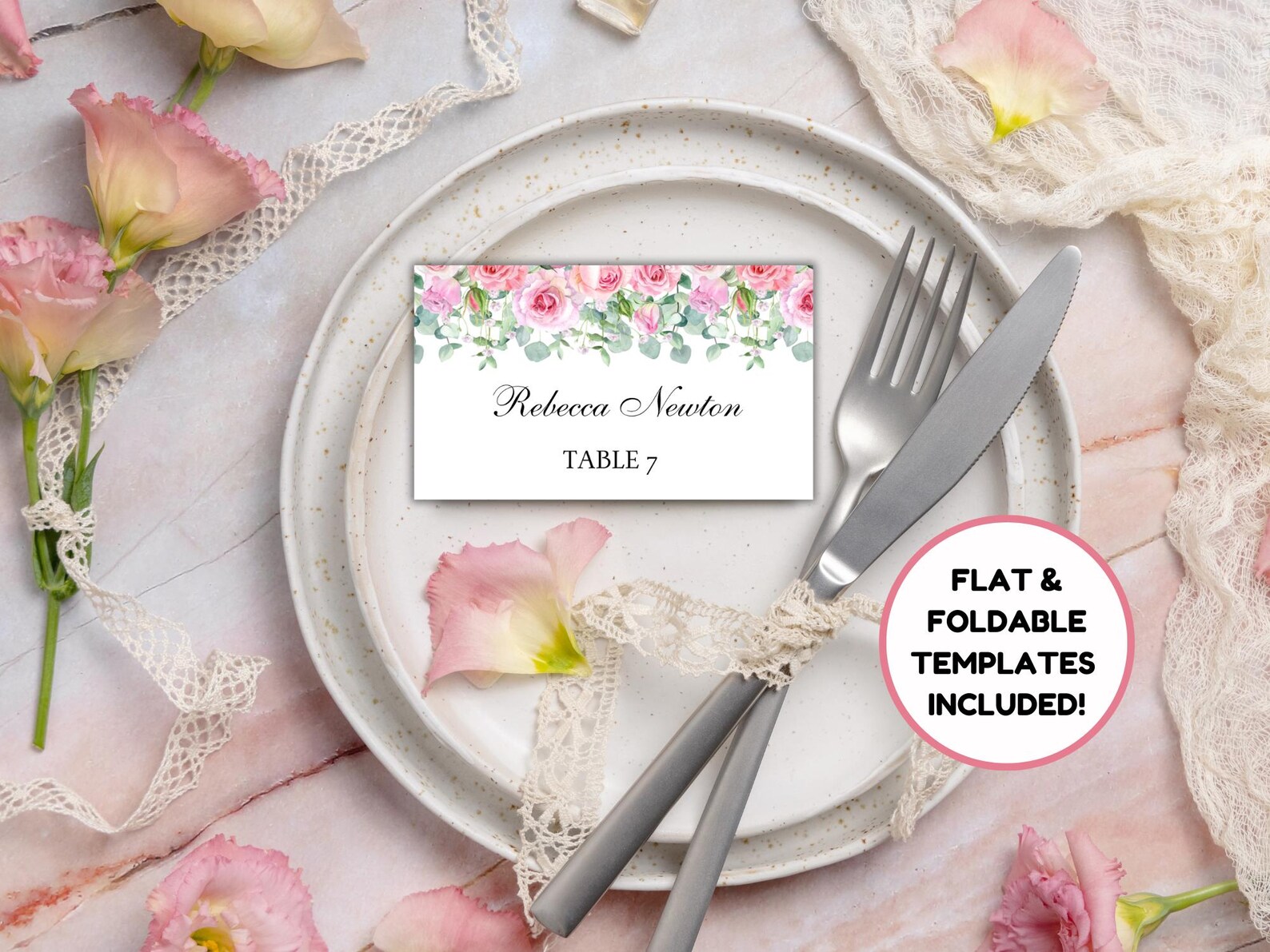 Editable Wedding Place Card Template, Romantic Floral Seating Card ...