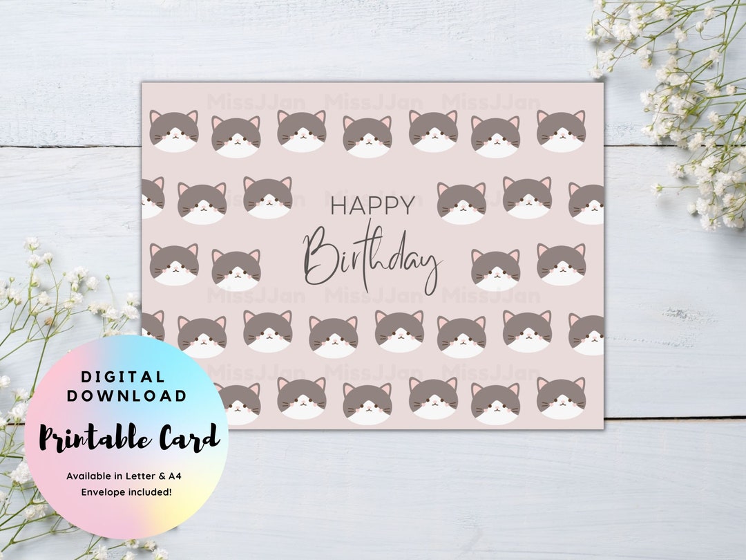 Cute Cat Birthday Card, Printable Birthday Card, Happy Birthday Card ...