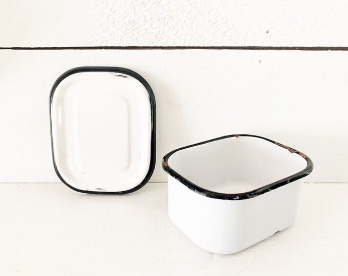 Small White and Black Trimmed Enamelware Refrigerator Box With Original ...