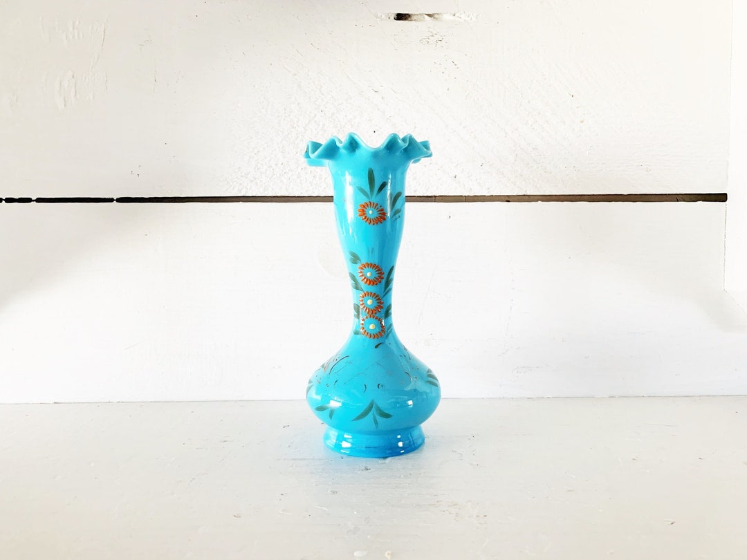 Victorian Blue Opaline Glass Vase Ruffled Rim Edge Antique Victorian Hand Painted Enamel Late ...