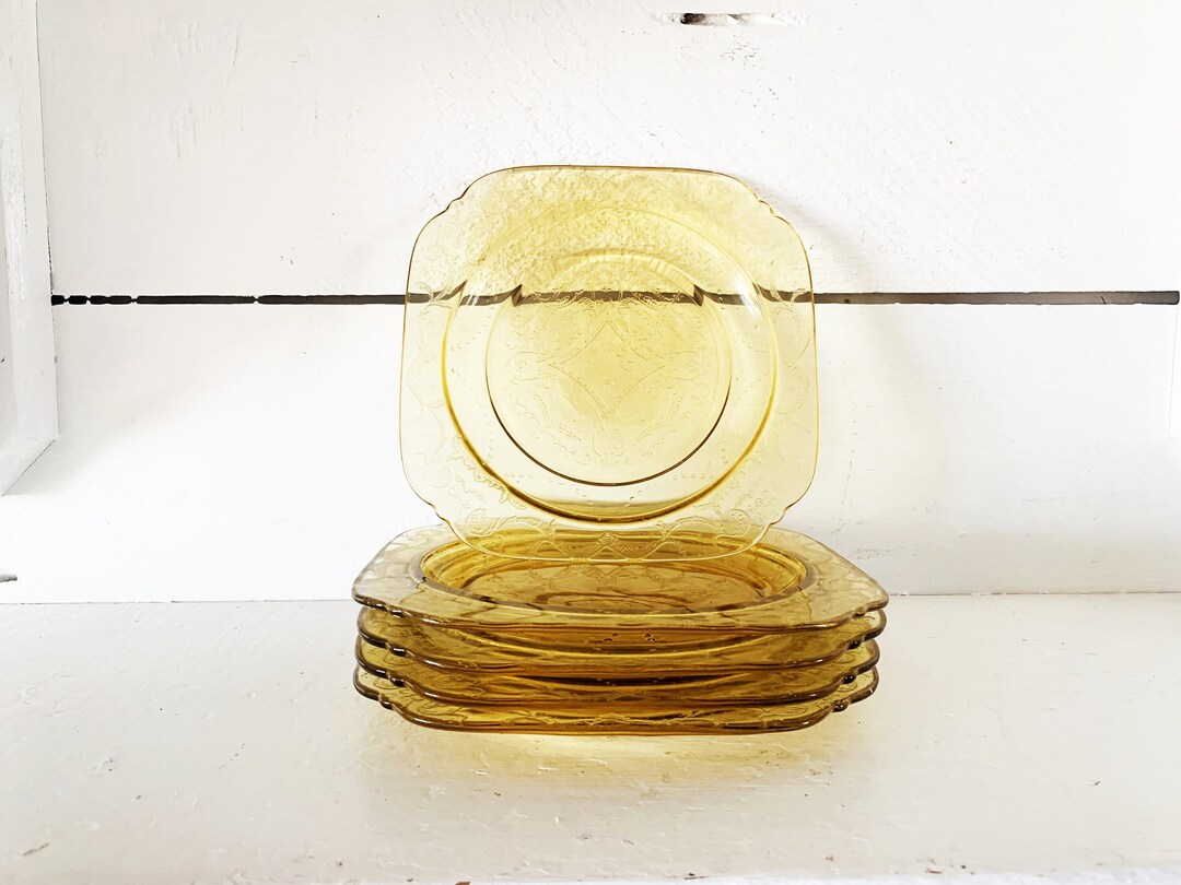 Amber Depression Glass Plates Federal Glass Co. Madrid Pattern Squared ...
