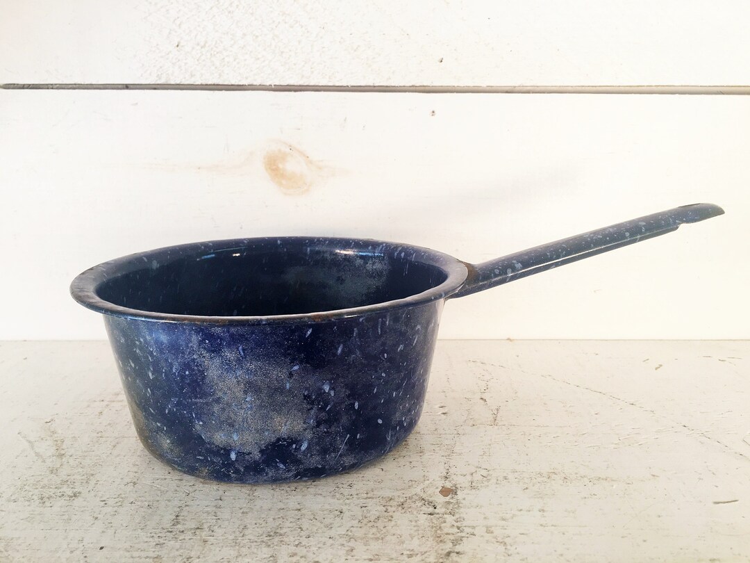 Small Rustic Blue and White Speckled Enamelware Sauce Pot/rustic ...