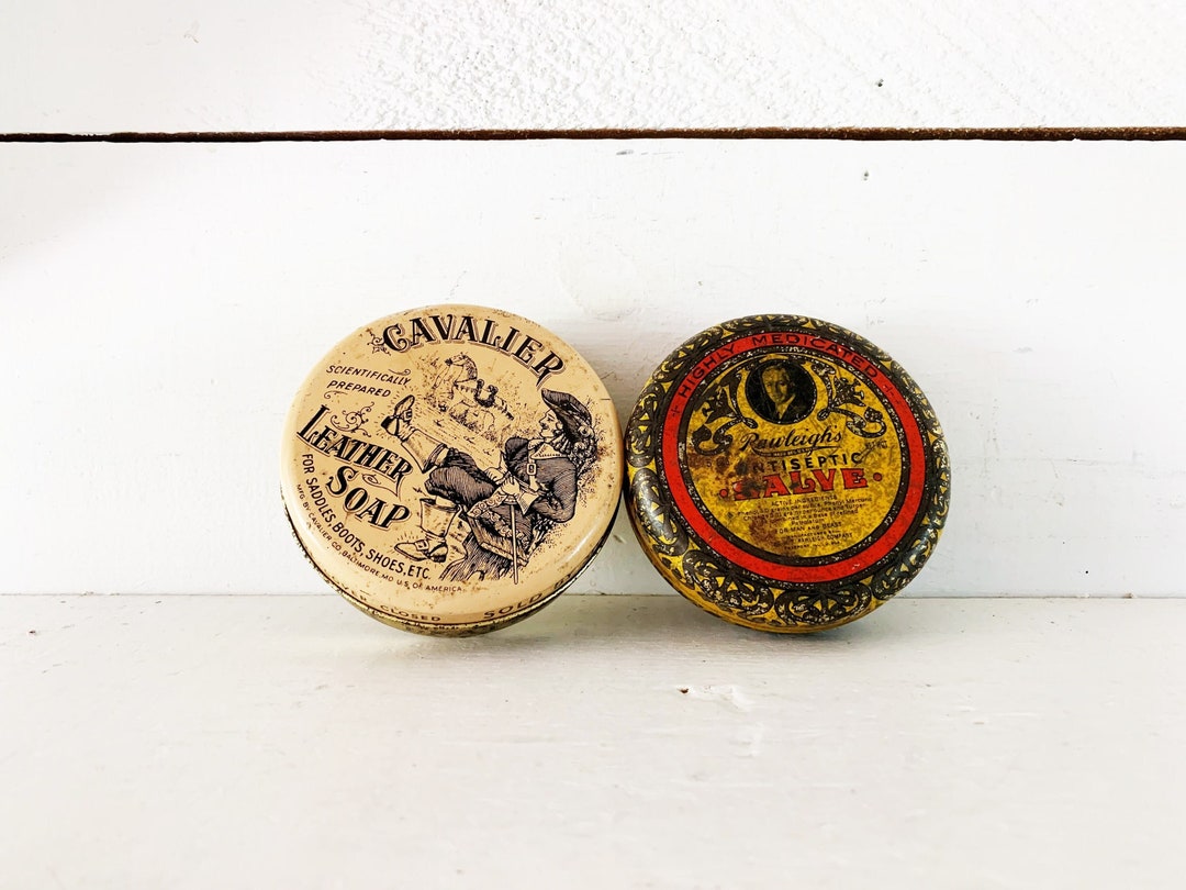 Pair of Antique Circular Tins/cavalier Leather Soap Tin and Rawleigh's ...