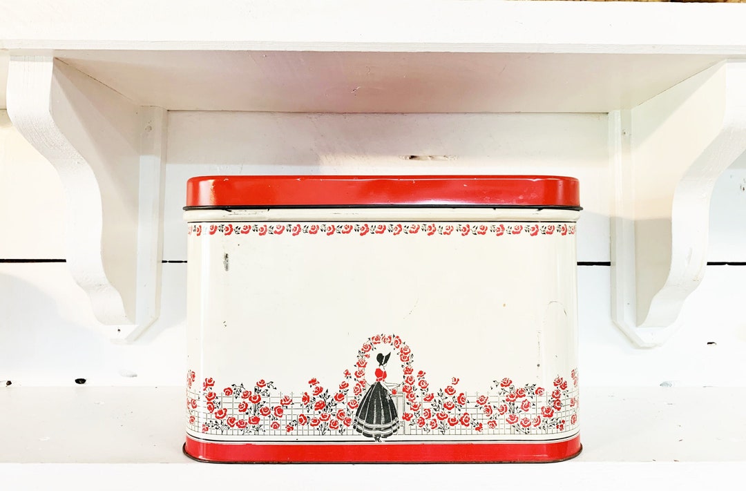 Vintage Metal Bread Box Lady Picking Roses/farm Kitchen Bread Box ...