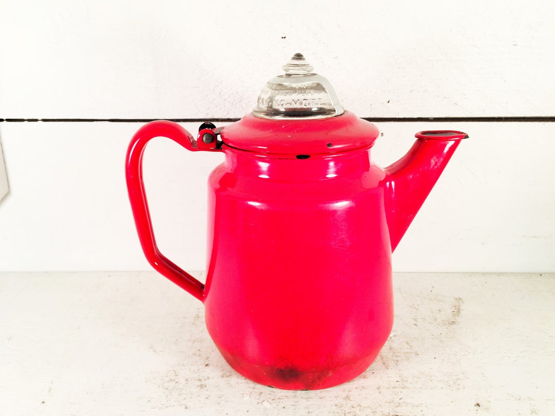 Vintage Rustic Red Enamelware Coffee Pot/kettle With Glass Lid ...