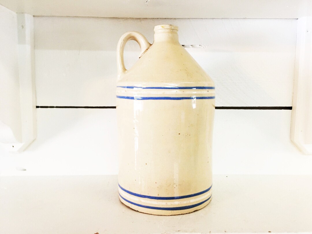 Vintage Large 12" Tall Stoneware Dual Blue and White Band Beige Finger ...