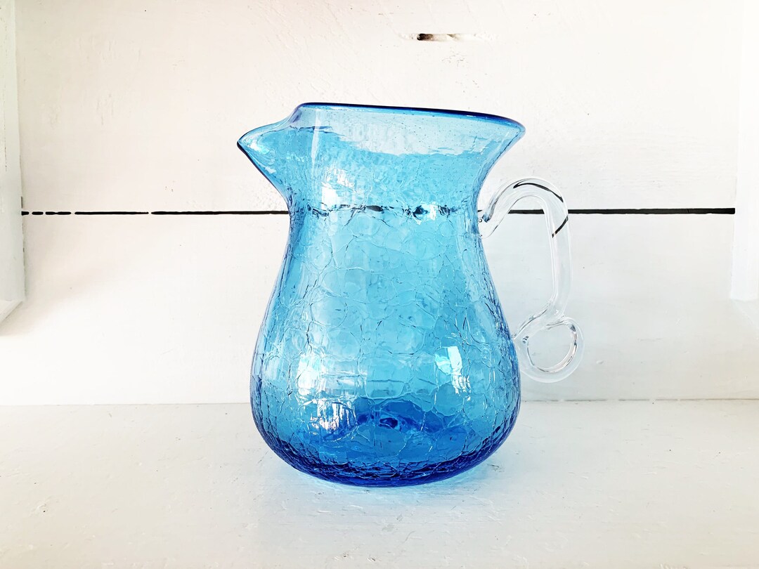 Vintage Blenko Blue and Clear Crackled Glass Full Size Pitcher ...