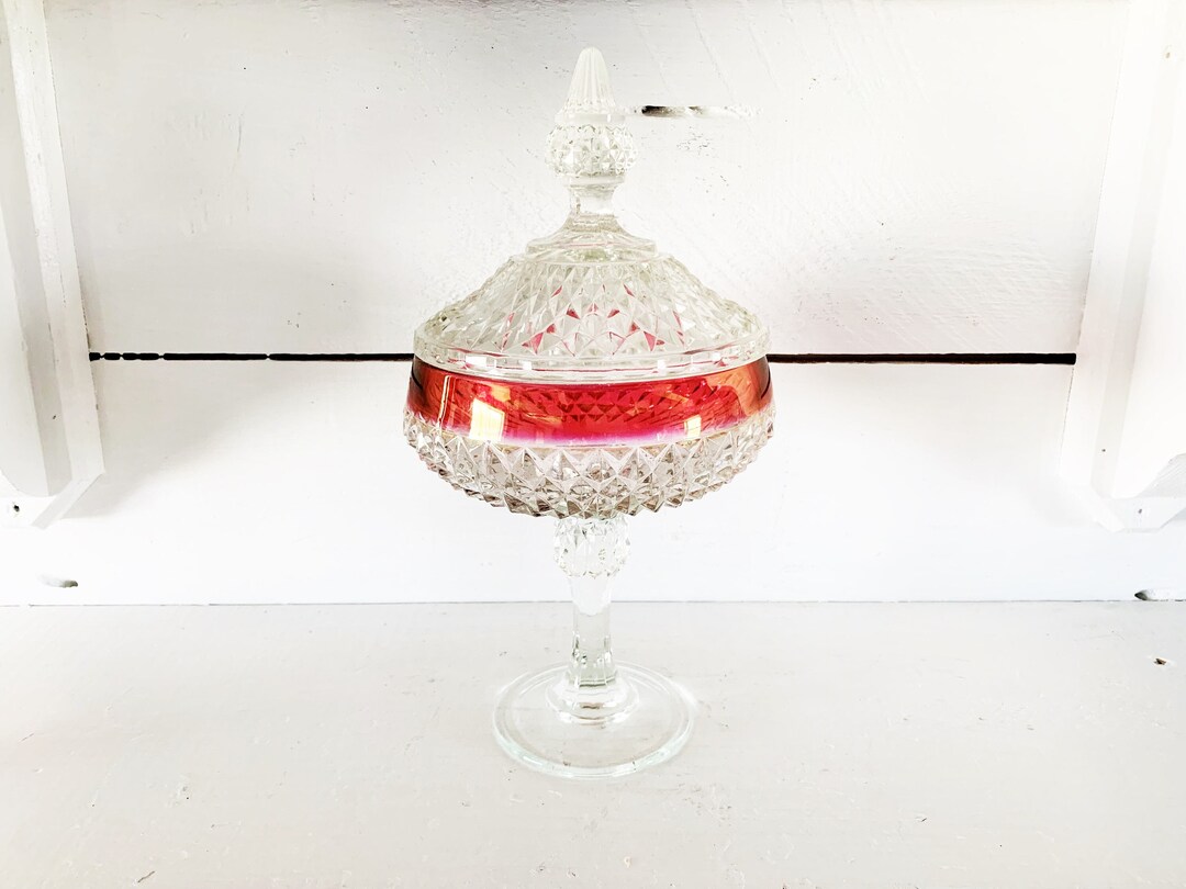 Tall Indiana Glass Co Tall Covered Candy Dish Cranberry Red Flash ...