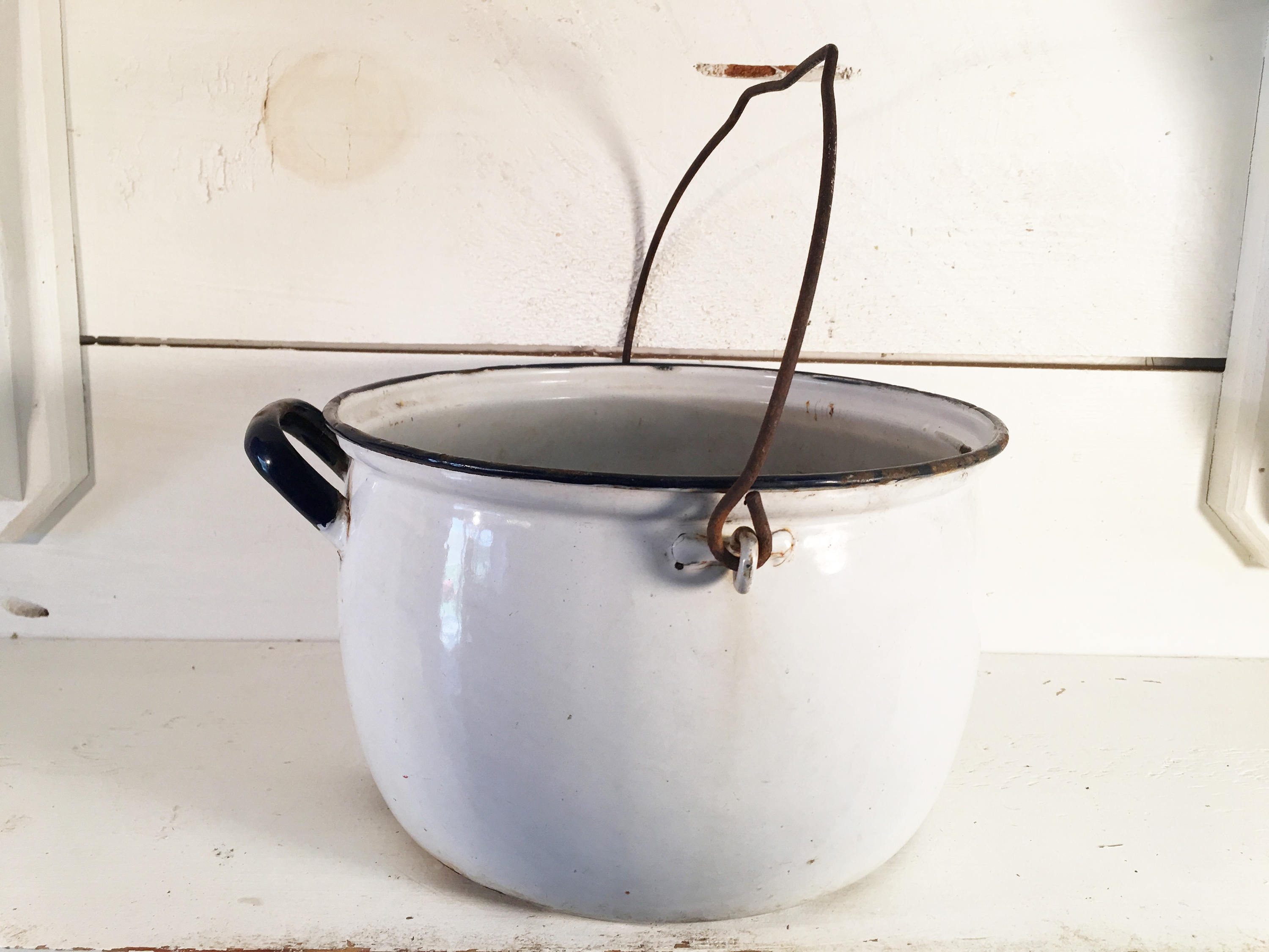 Rustic White and Blue Trimmed Enamelware Slop Bucket with Wire | Etsy