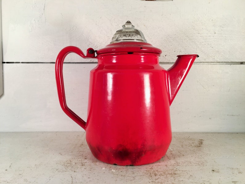 Vintage Rustic Red Enamelware Coffee Pot/kettle With Glass | Etsy