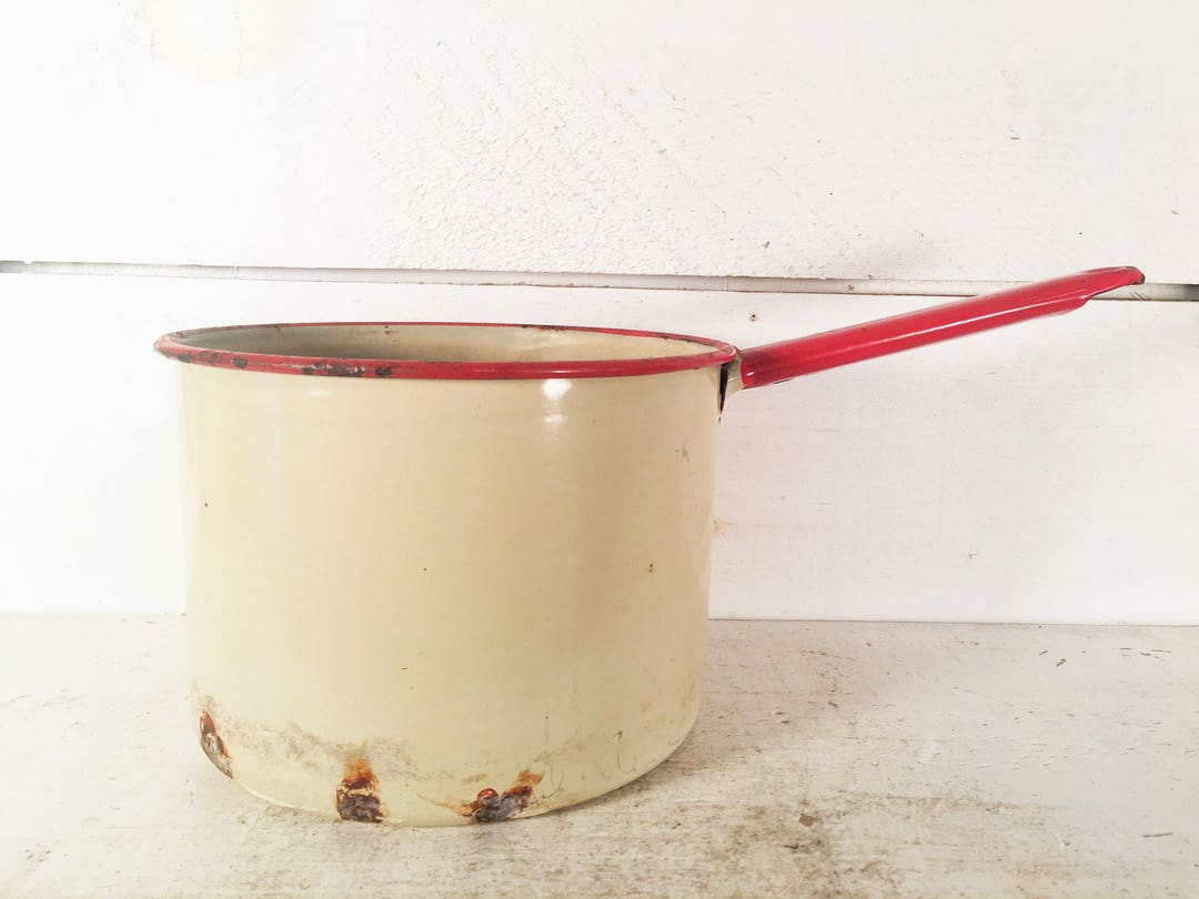 Rustic Beige and Red Trimmed Enamelware Decorative Sauce Pot/farmhouse ...