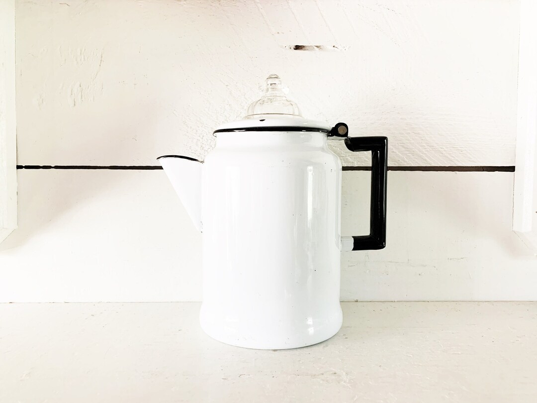 White and Black Trimmed Enamelware Glass Top "fire King" Percolator ...