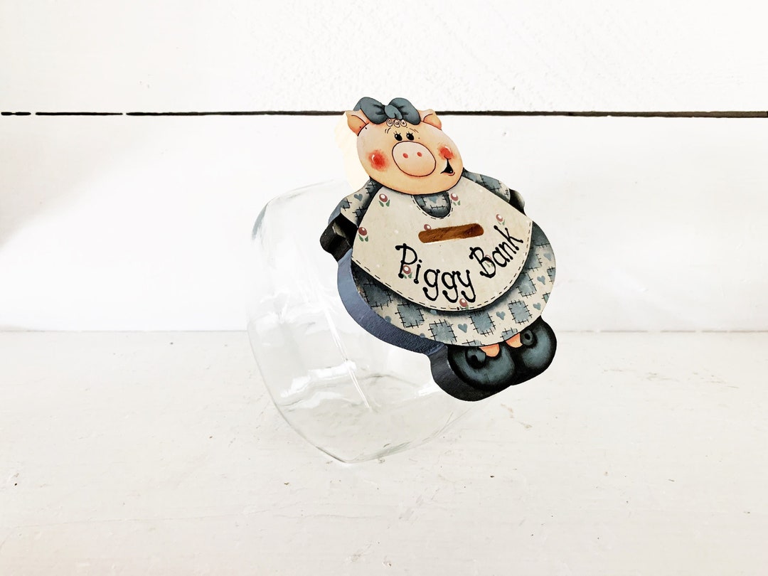 Vintage Country Kitchen Glass "piggy" Bank Jar Wooden and Glass Country ...
