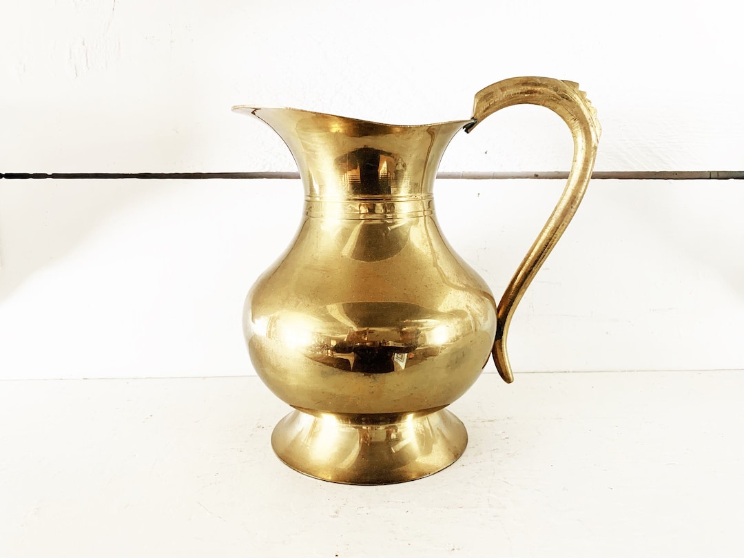 Vintage Wide Solid Brass Pitcher Rustic Brass Tablescape Pitcher Vase ...