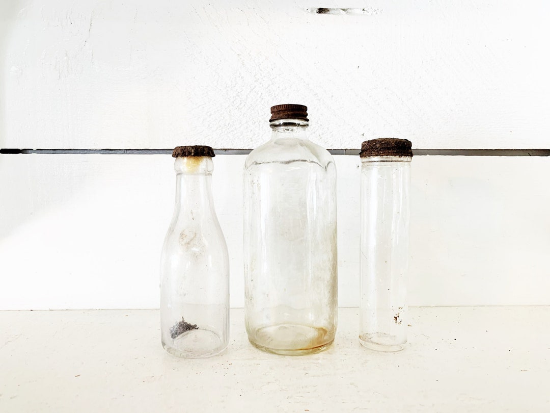 Collection of 3 Vintage Small Glass Bottles W/ Original Caps Farmhouse ...