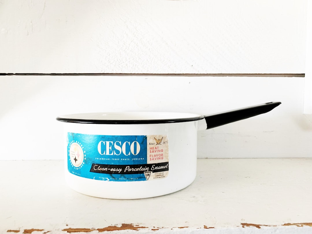 Vintage White and Black Trimmed Cesco Enamelware Saucepan With Original Label/shabby Chic ...