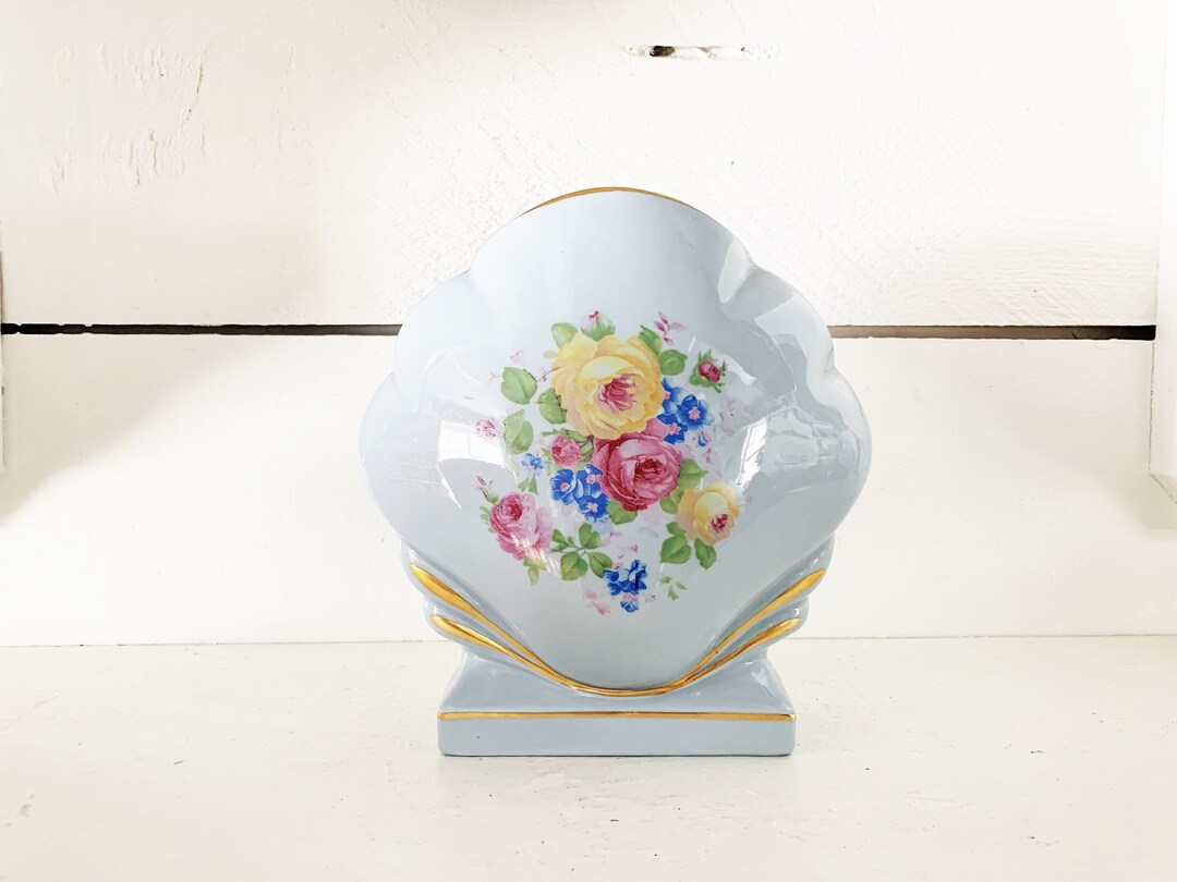 Vintage Abingdon USA Pottery Baby Blue Floral Shell Shaped Gold Trimmed ...