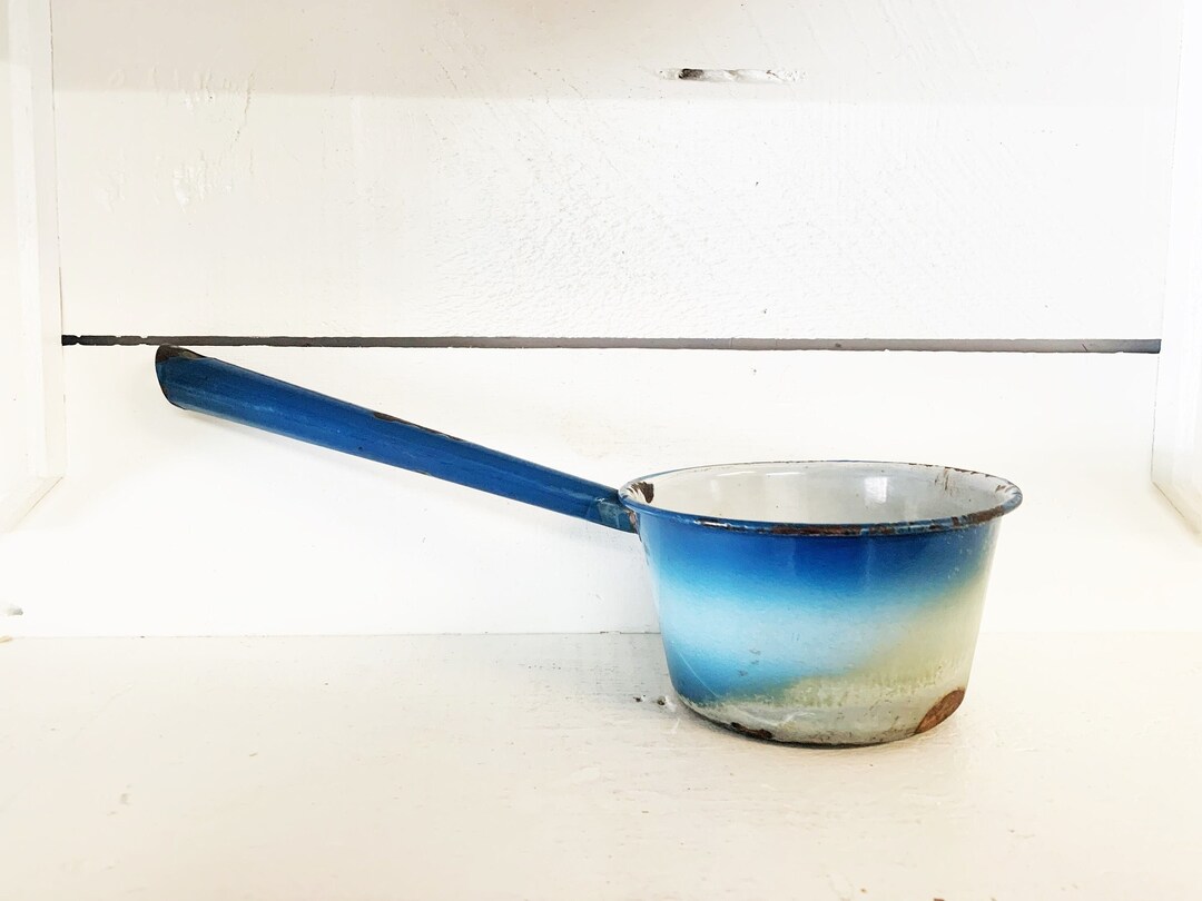 Vintage Large Rustic Blue and White Enamel Ladle Enamelware Ladle Blue ...