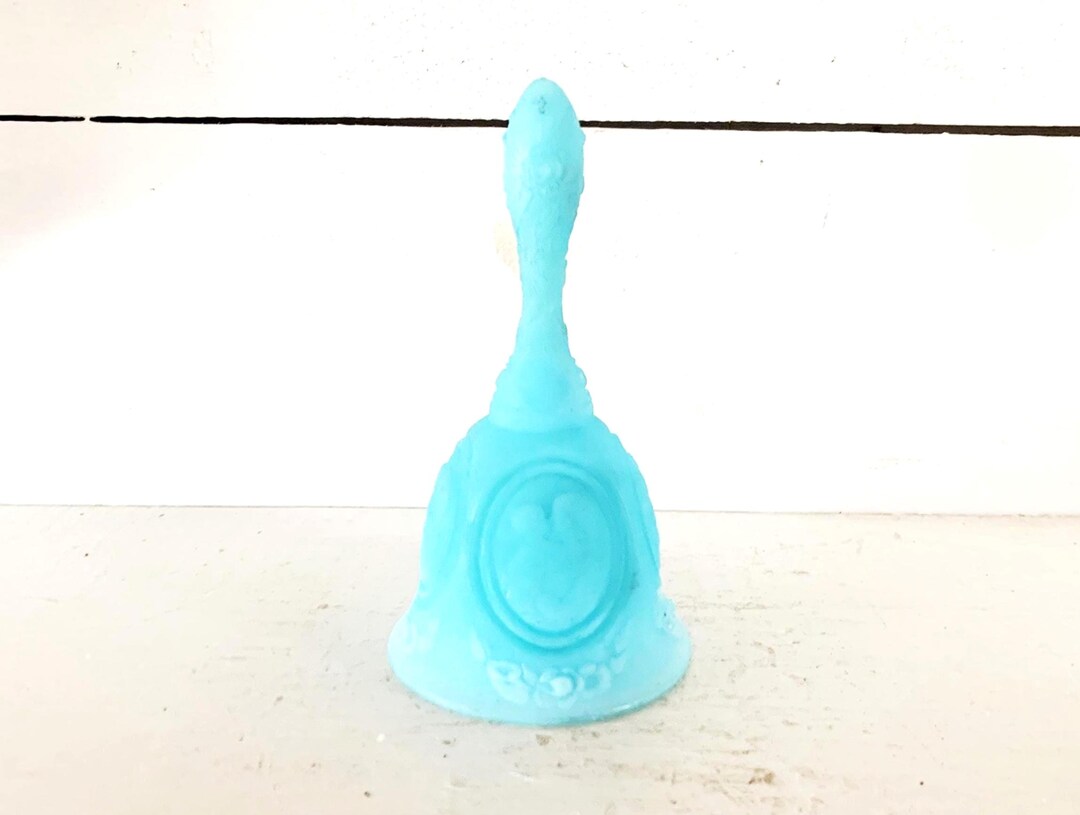 Fenton Baby Blue Satin Glass Hand Bell Beautiful Madonna With Child 7 ...
