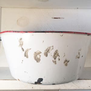 Very Large and Very Deep Rustic White and Red Trimmed Enamelware Basin ...