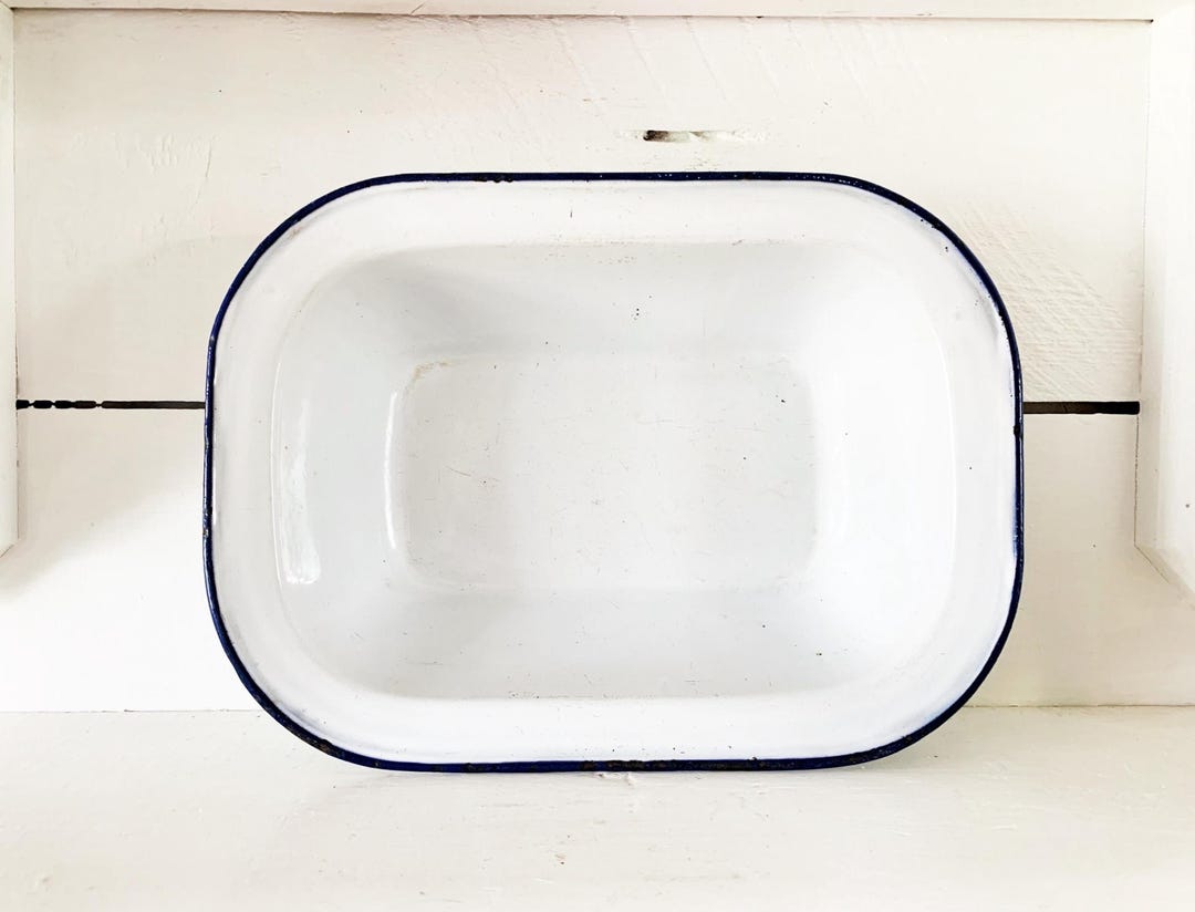 White and Cobalt Blue Trimmed Enamelware Rectangular Baking Pan Made in ...