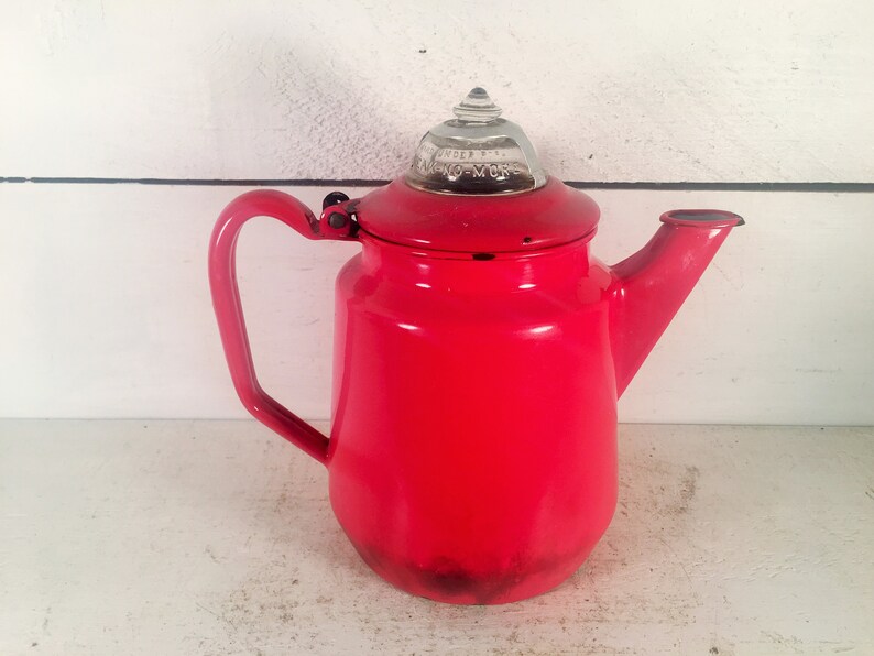 Vintage Rustic Red Enamelware Coffee Pot/kettle With Glass | Etsy
