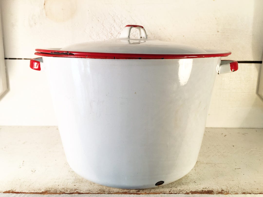 White and Red Trimmed Enamelware Stock Pot With Original Lid/farmhouse ...
