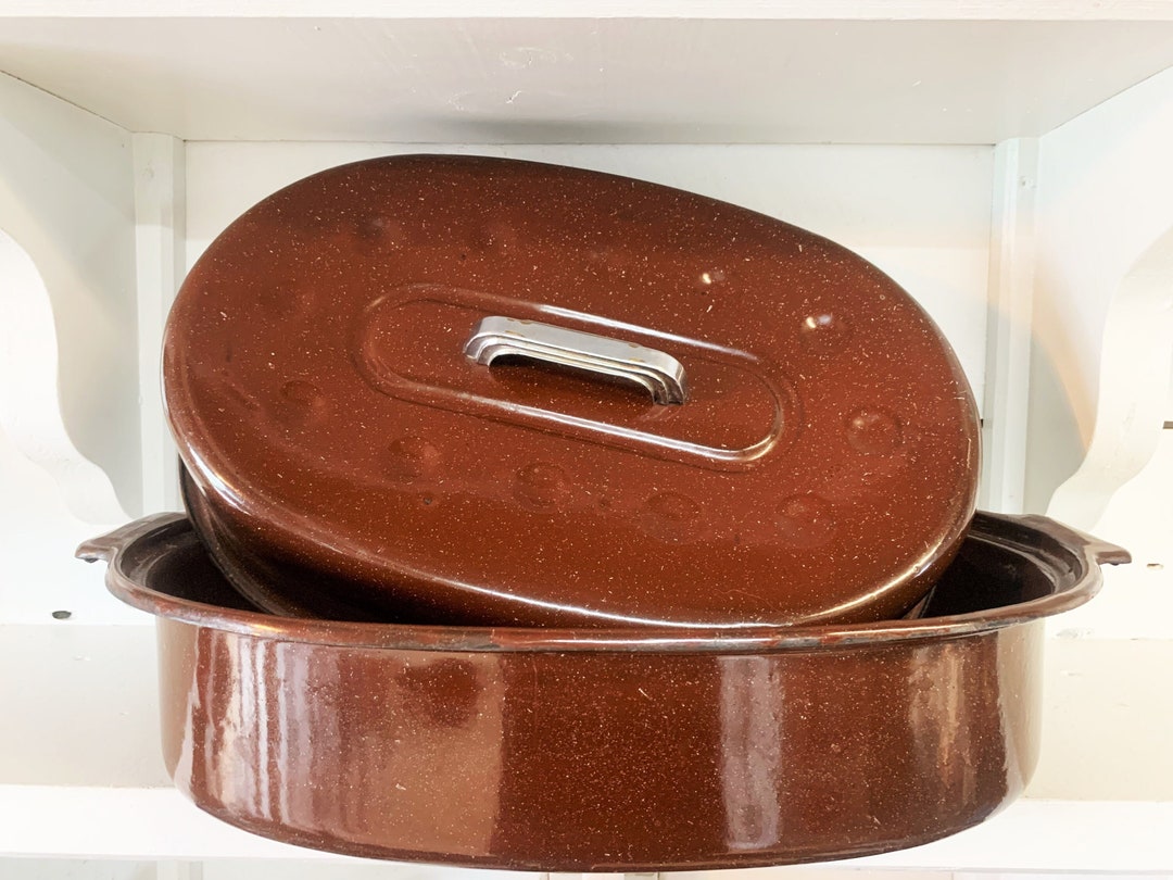 Large Vintage Brown and White Speckled Enamelware Roaster/farmhouse ...