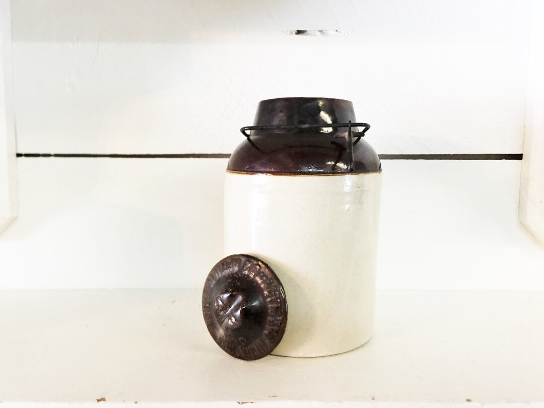 Vintage 9" Tall Stoneware 2 Tone Brown Cream/milk Crock With Bale ...
