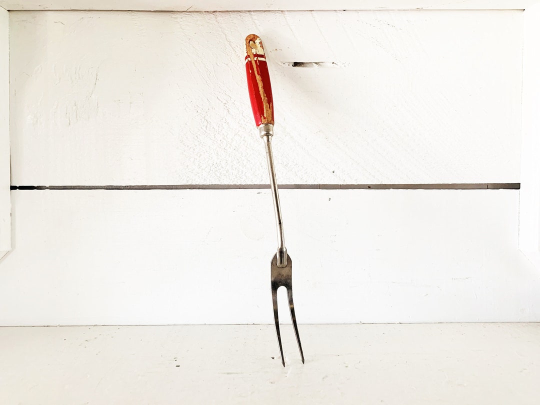 Classic Vintage A&J Fading Red and White Wooden Handled Long Two Prong ...