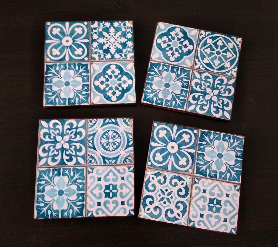 Blue Tile Coasters, Mediterannean Coasters Set of 4 Pieces, Gift for ...