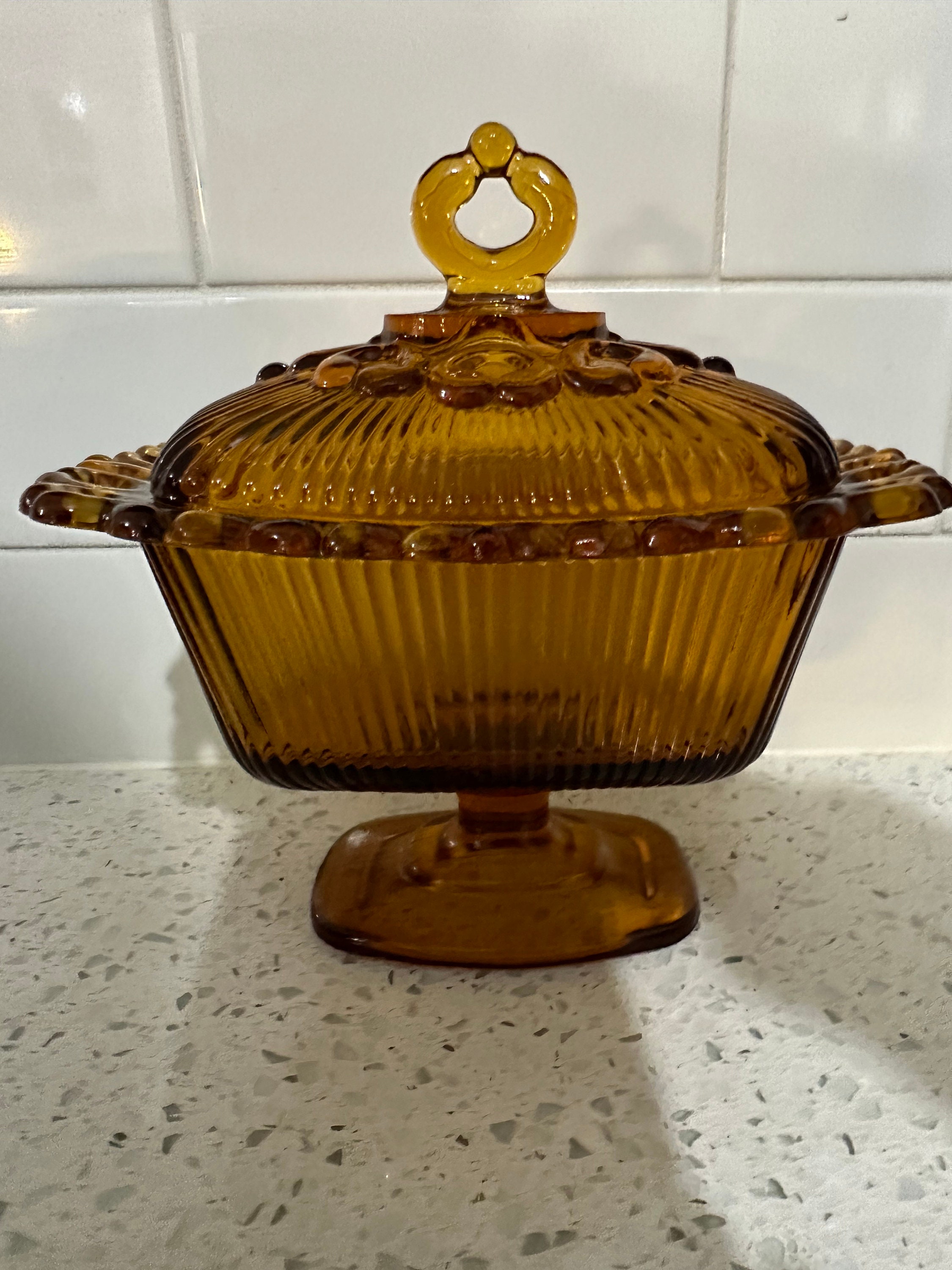 60's Amber Indiana Glass Candy Box/ Vintage Footed Candy Dish With Lid ...