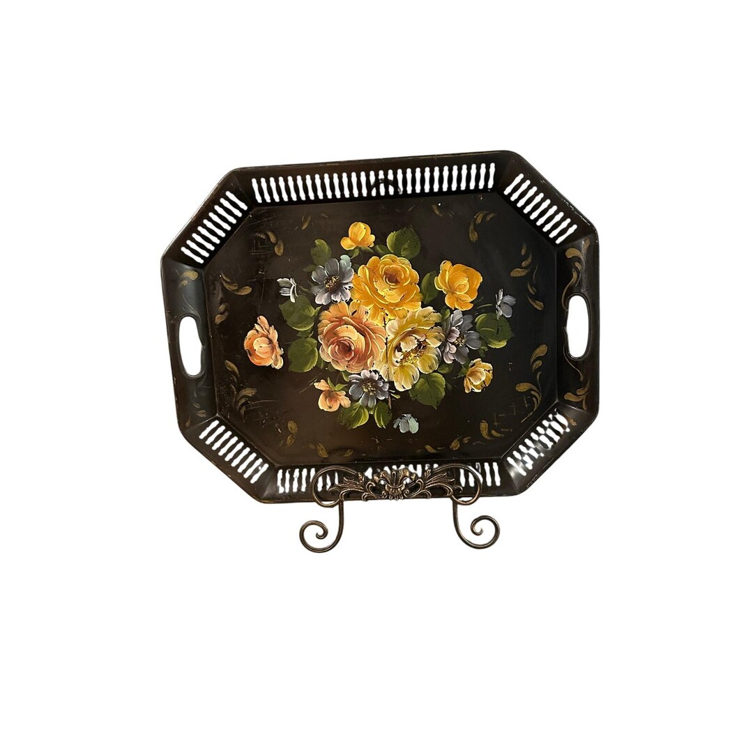 Vtg Toleware Metal Octagon Black Tray Hand Paint Floral Reticulated ...