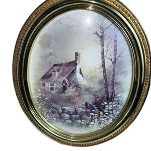 Vintage Syroco 1982 Oval Gold Plastic Picture Frame Cottage in Forest ...