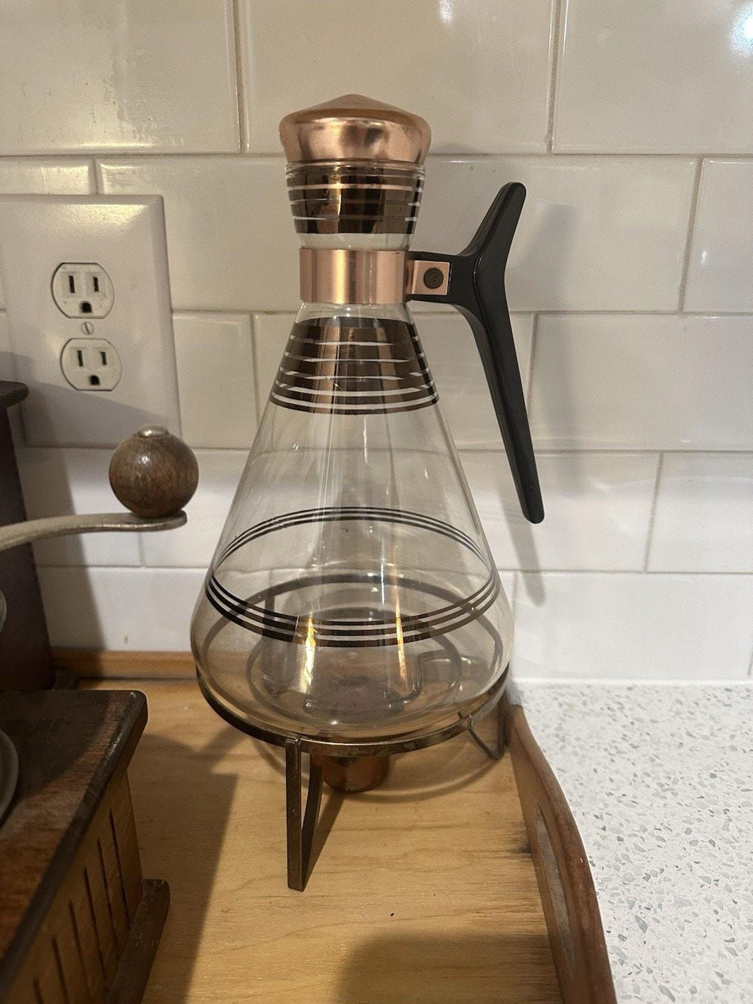 Vtg Pyrex MCM Glass Carafe Coffee Pot Candle Warmer Metal Stand Copper ...