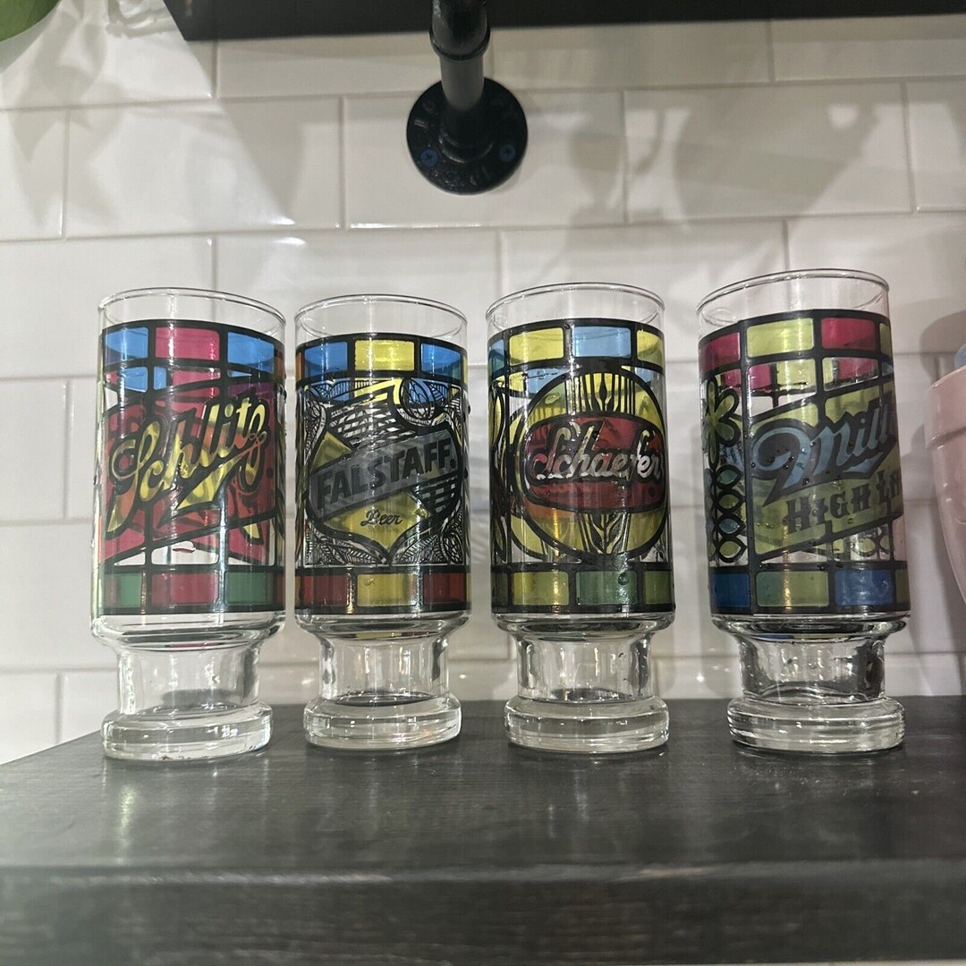 Vintage Stained Glass Beer Glasses Set of 4 Miller Schlitz Falstaf ...