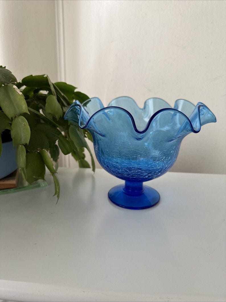 Blenko Art Glass Azure Blue Crackle Ruffle Blown Glass Footed Pedestal ...