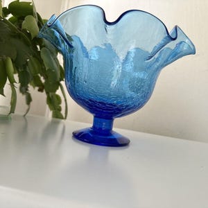 Blenko Art Glass Azure Blue Crackle Ruffle Blown Glass Footed Pedestal ...